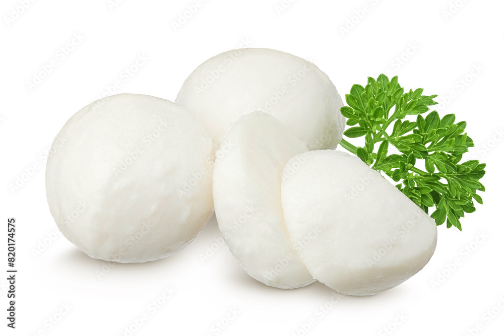 Mini mozzarella balls with parsley leaf isolated on white background ...