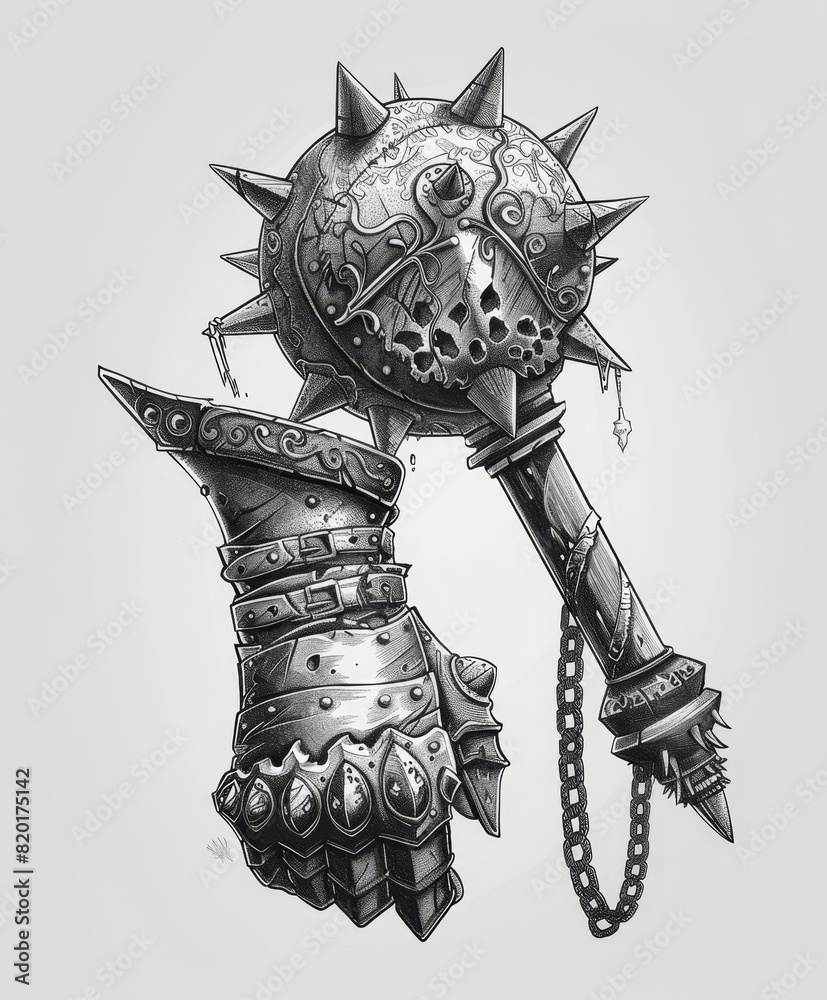 Medieval flail and gauntlet drawing - Detailed black and white drawing ...