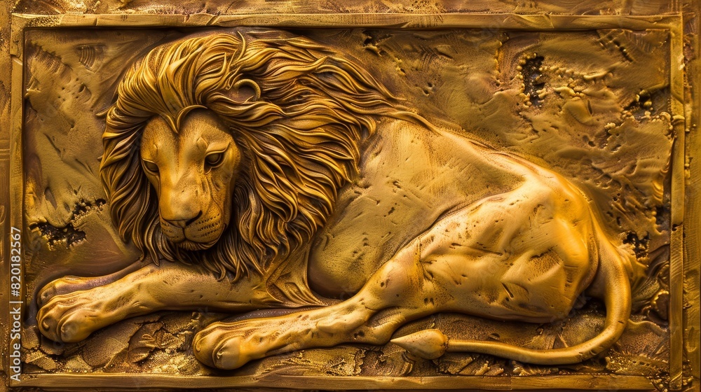 Golden bas-relief sculpture of a lion - A detailed golden bas-relief ...
