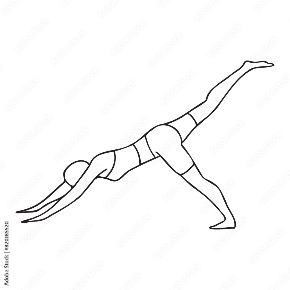 Eka Pada Adho Mukha Svanasana. Yoga pose. Black line drawing ...