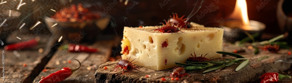 Sardinian casu marzu, cheese with live maggots, displayed on a rustic ...