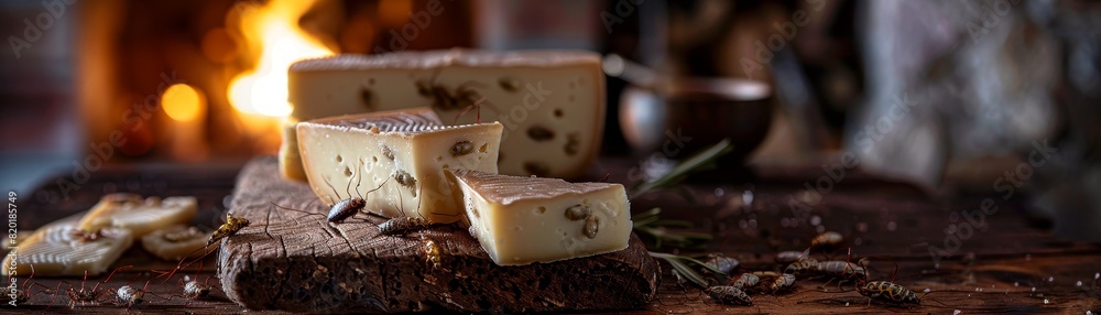 Sardinian casu marzu, cheese with live maggots, displayed on a rustic ...