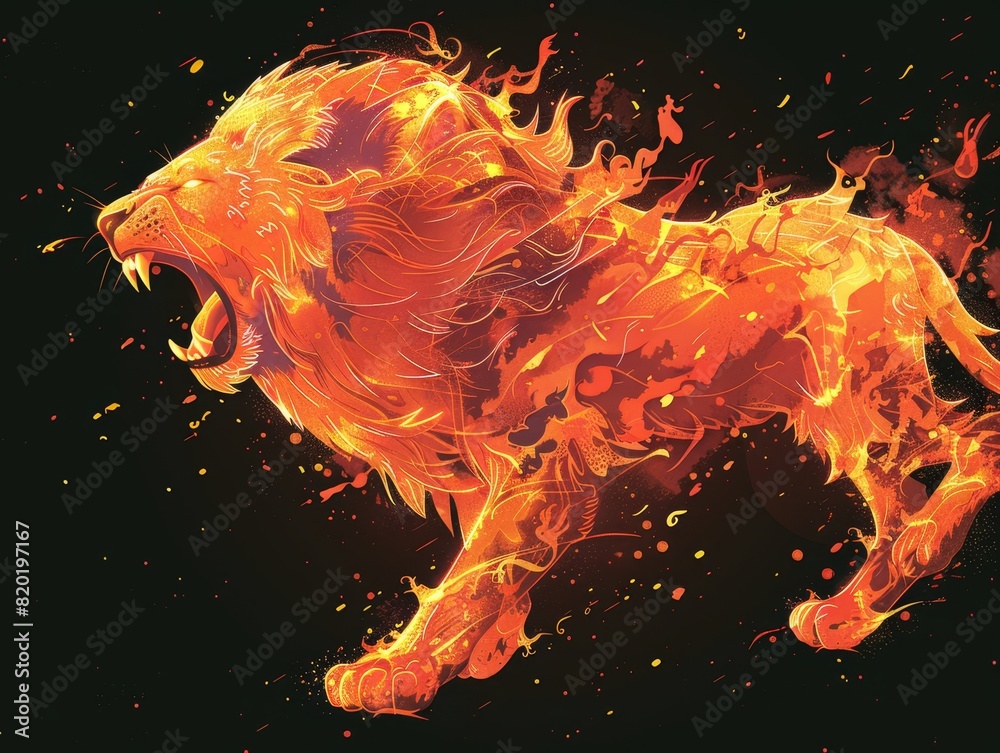 Roaring fire lion in dynamic pose - An intense digital illustration ...