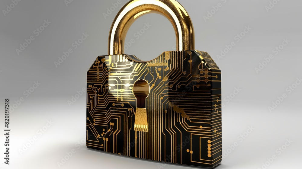 A detailed golden padlock with embedded circuits, isolated on white ...