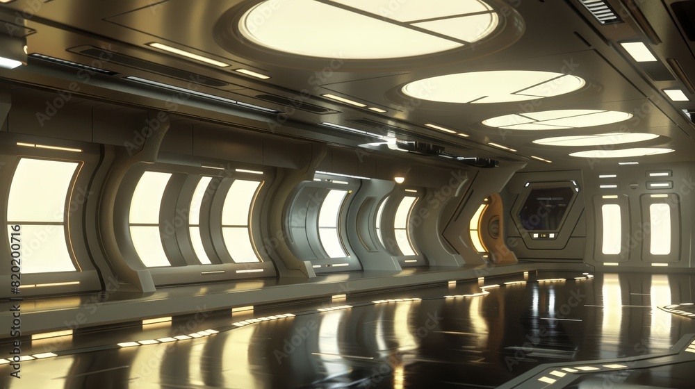Modern spacecraft interior with warm lighting - Warmly lit passage ...