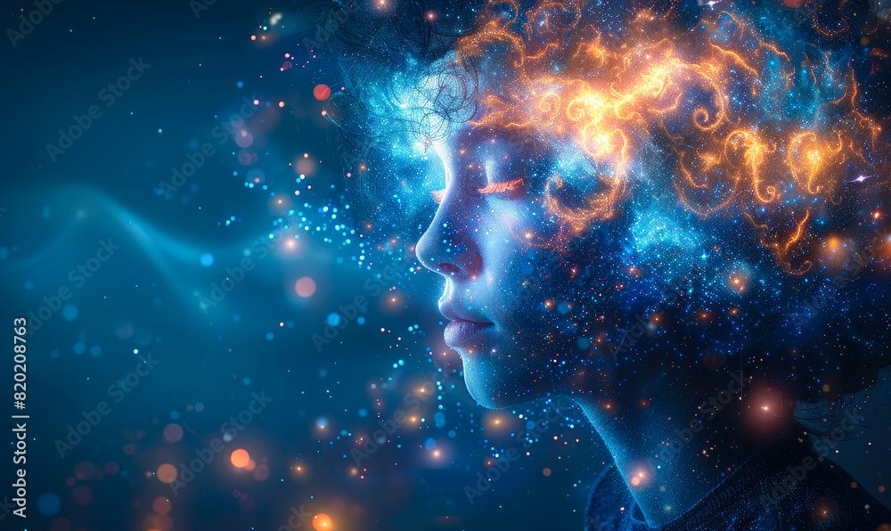 Cosmic Mind: Female Profile Enveloped in a Stellar Nebula, Symbolizing ...