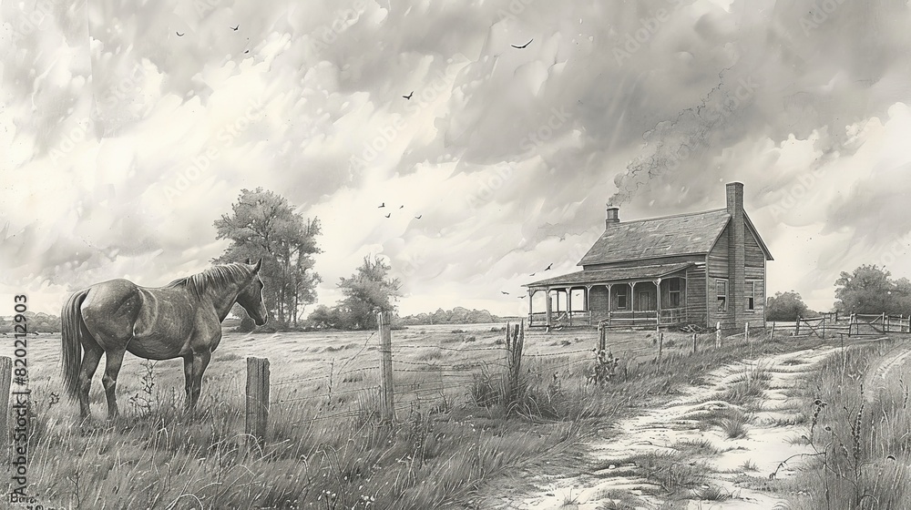 Rustic Charm: Detailed Pencil Sketch of Farmer Working on Horse Bend ...