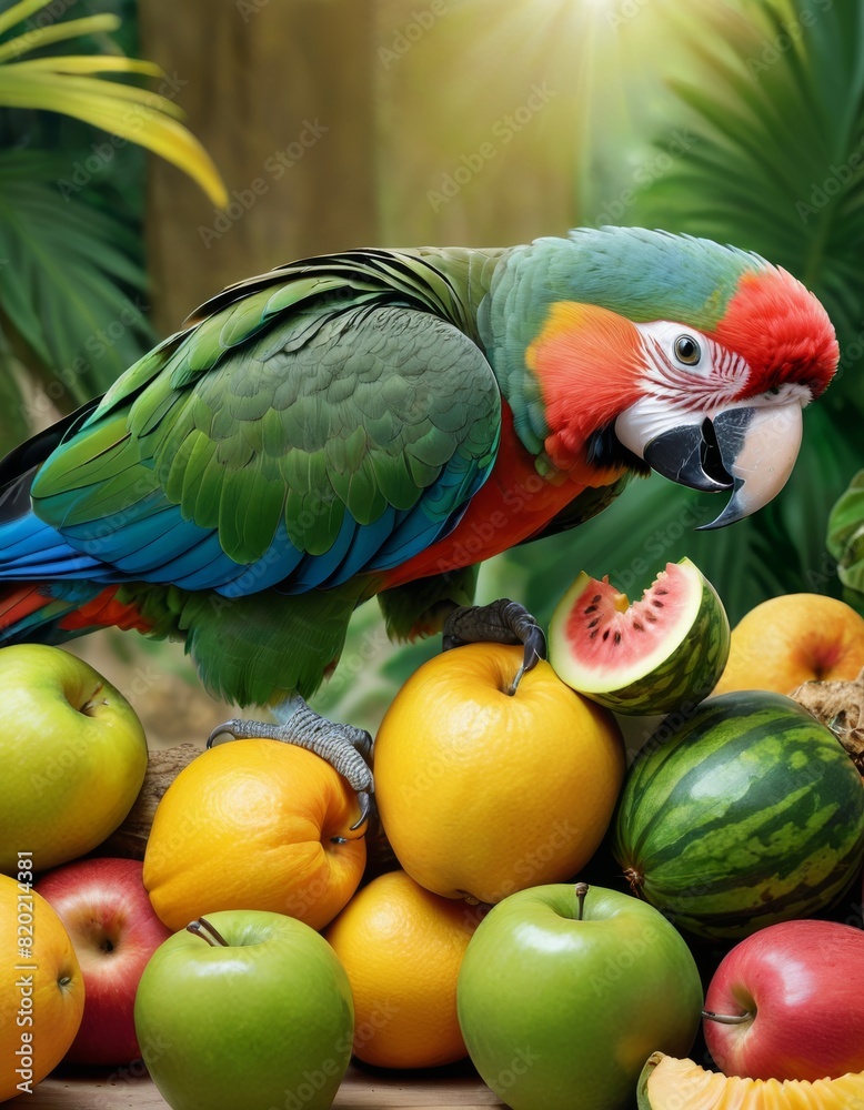 A vibrant parrot bites into a watermelon slice among a bountiful ...