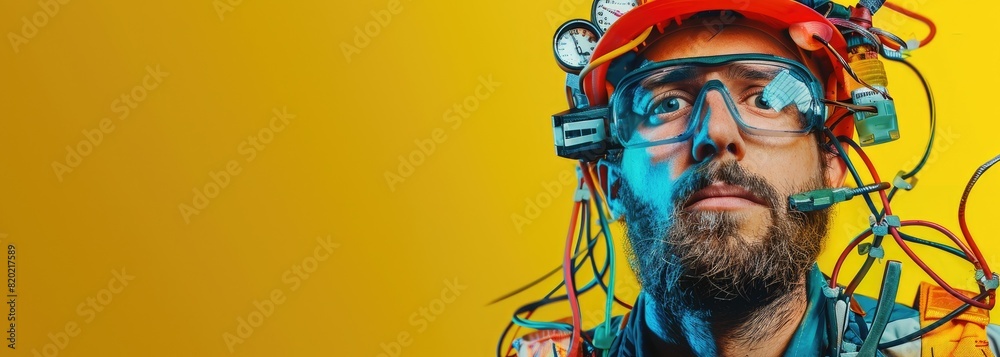 portrait of a male electrician wearing a hard hat and safety glasses ...