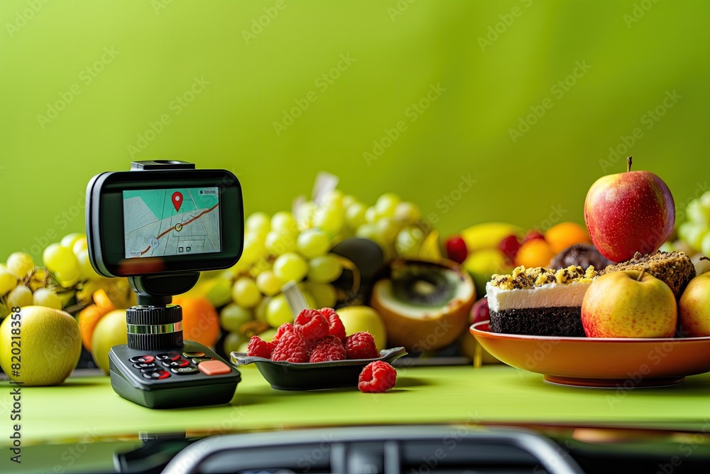 A detailed photo of a car dashboard with a GPS device and road trip ...