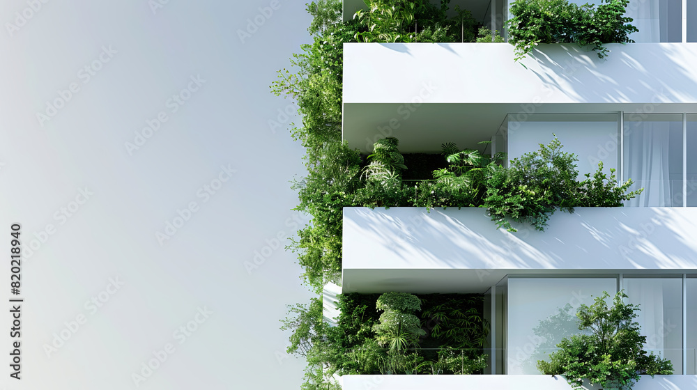 White square house with balconies filled with plants and greenery Stock ...