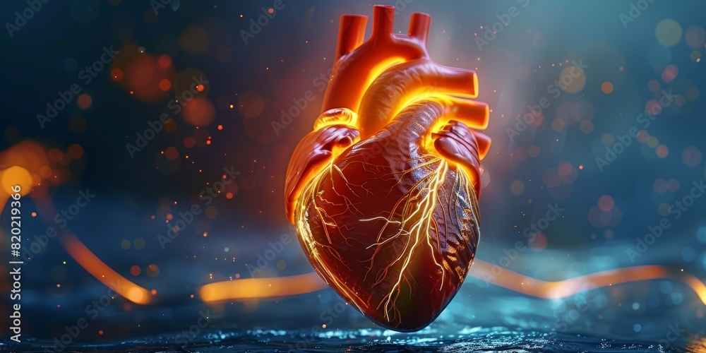 Realistic depiction of a beating heart with electrical impulses ...