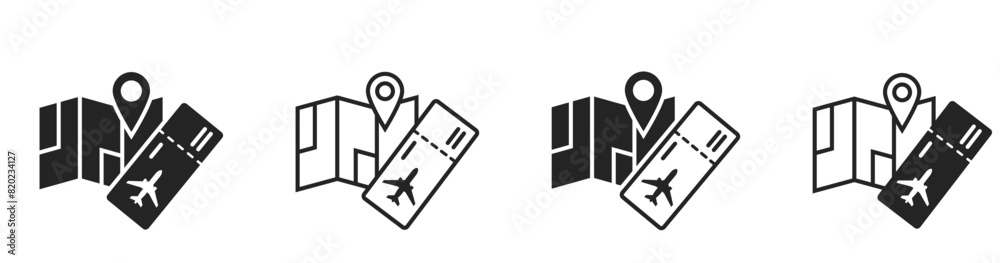 travel icon set. map and flight ticket. vacation and journey symbols ...