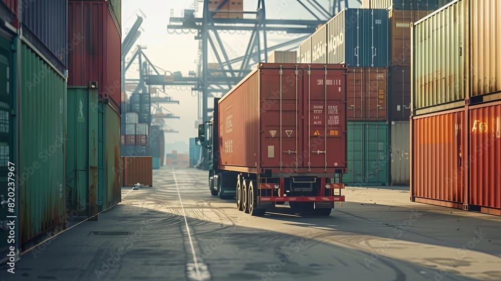 A container cargo truck operates in a yard, part of the commercial ...