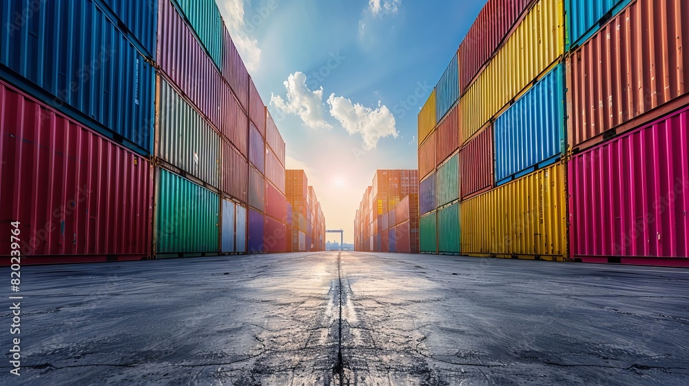 Container yard with a clear blue sky and ample ground space, focusing ...