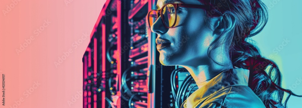The photo shows a woman standing in front of a server rack. She is ...