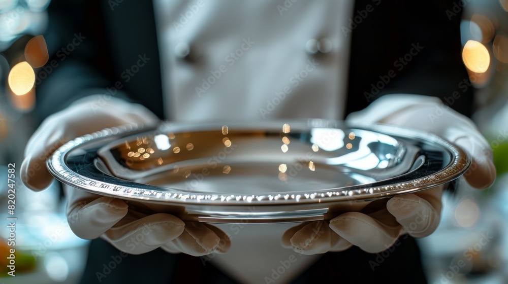 Waiter tray butler hand serve hold plate isolated white man silver ...