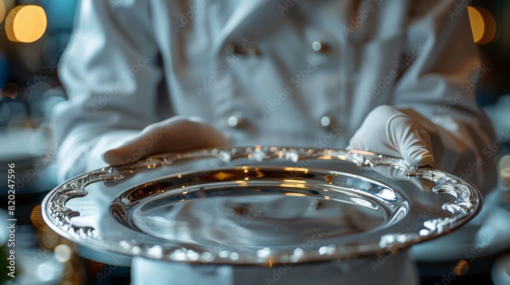 Waiter tray butler hand serve hold plate isolated white man silver ...