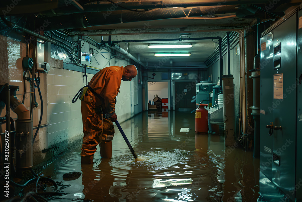 Mopping up deep floodwater in a basement or electrical room after a ...
