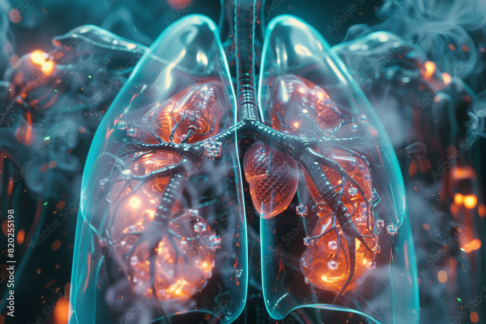 An immersive closeup view inside a futuristic lung where microscopic ...