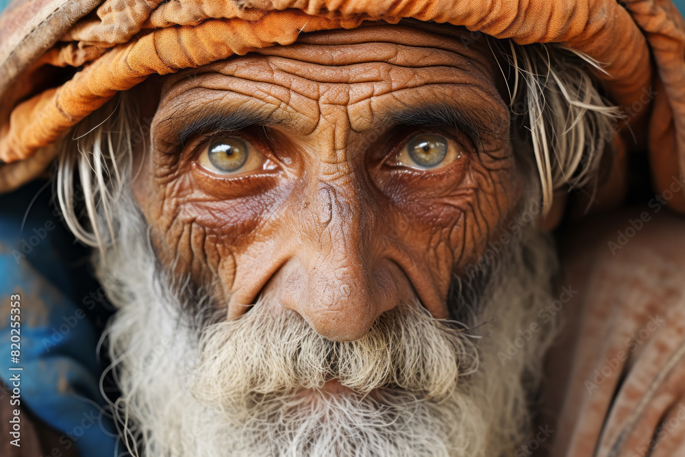 An old man with a long beard and a turban on his head, showing wrinkles ...