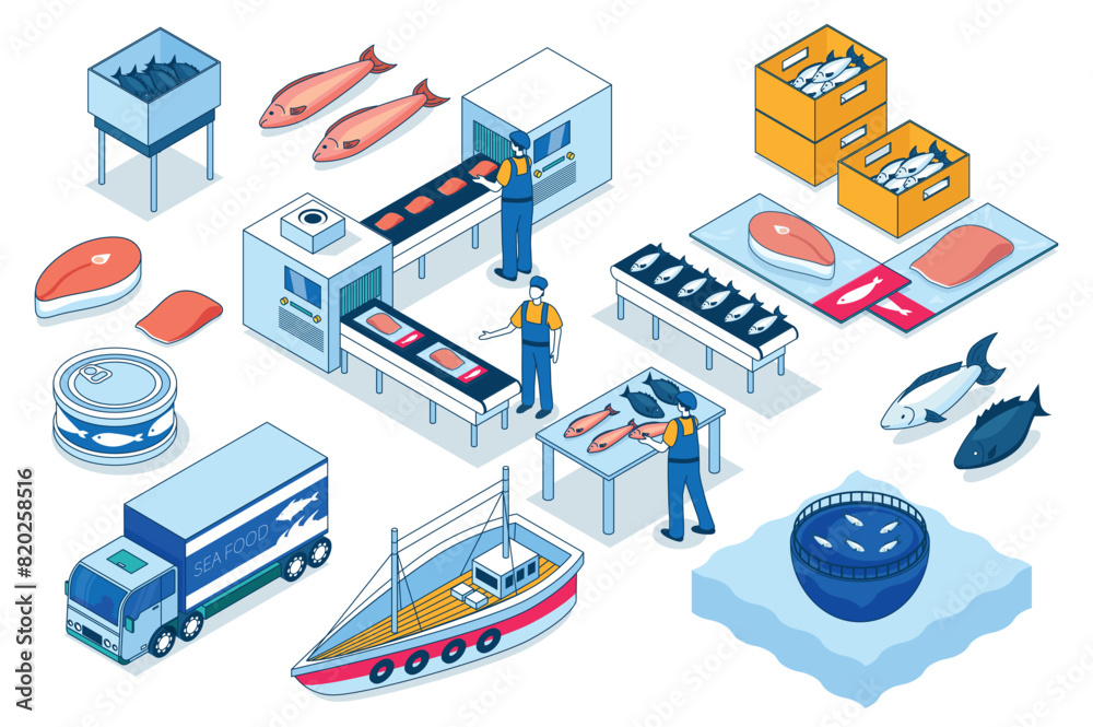 Fish processing 3d isometric mega set. Collection flat isometry ...