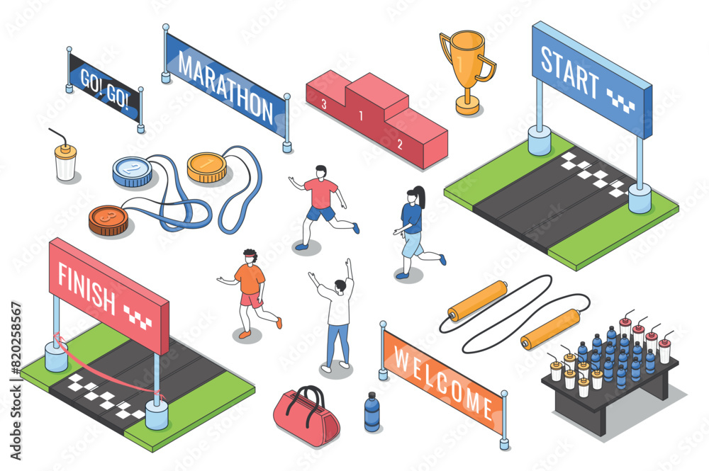 Marathon 3d isometric mega set. Collection flat isometry elements and ...