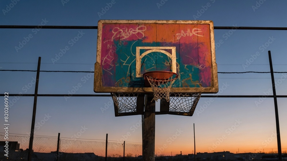 Graffiti-marked basketball hoop stands tall against sunset backdrop ...