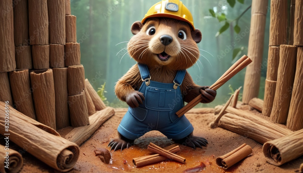 A cartoon beaver donning a yellow hard hat and blue overalls stands ...