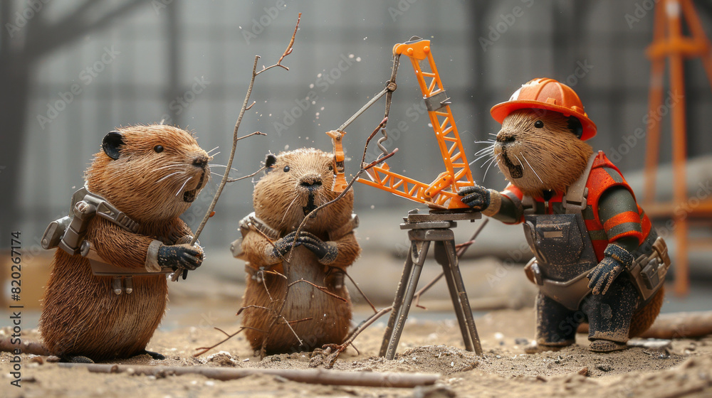 Award Winning National Geographic Minimal style, 3D beavers in construction gear, one operating ...