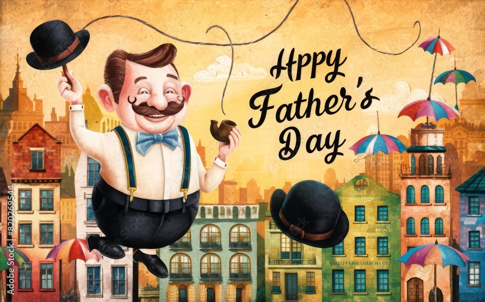 happy father's day text with dad symbols, tie ,hat mustache cigar and ...