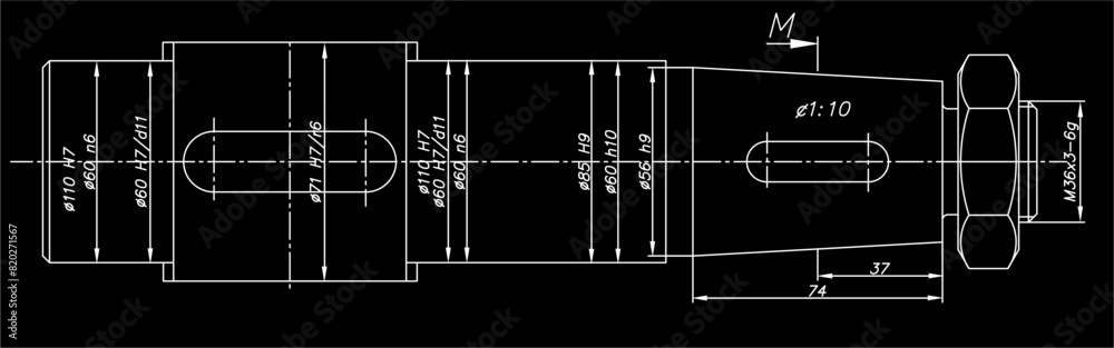 Vector engineering drawing of steel mechanical part with through holes ...