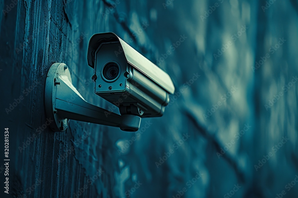 A color photo of an AI-powered security camera mounted on a wall ...