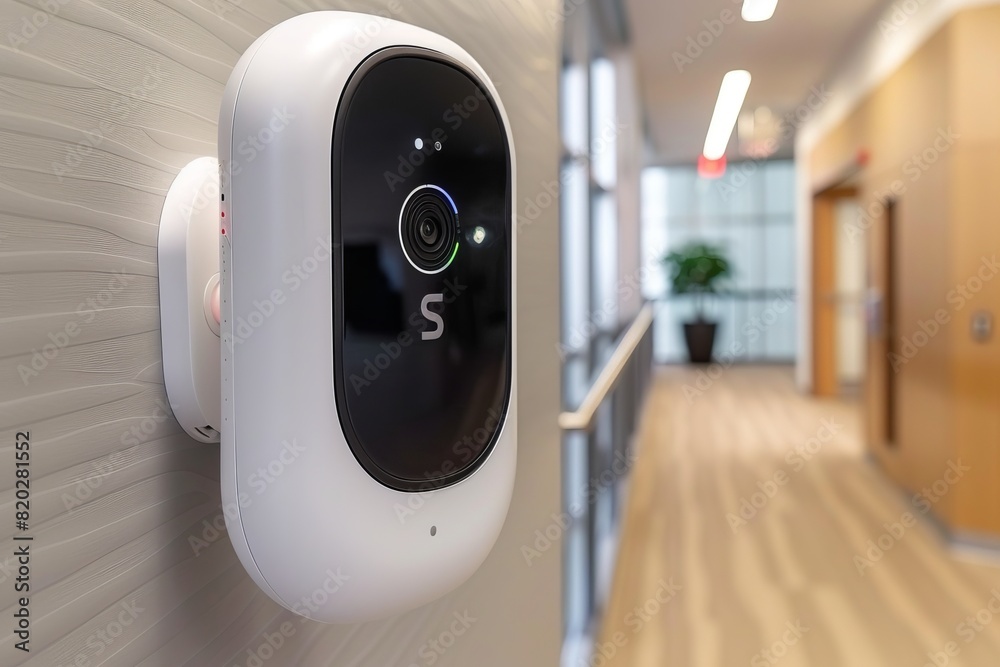 A color photo of an AI-powered security camera mounted on a wall ...