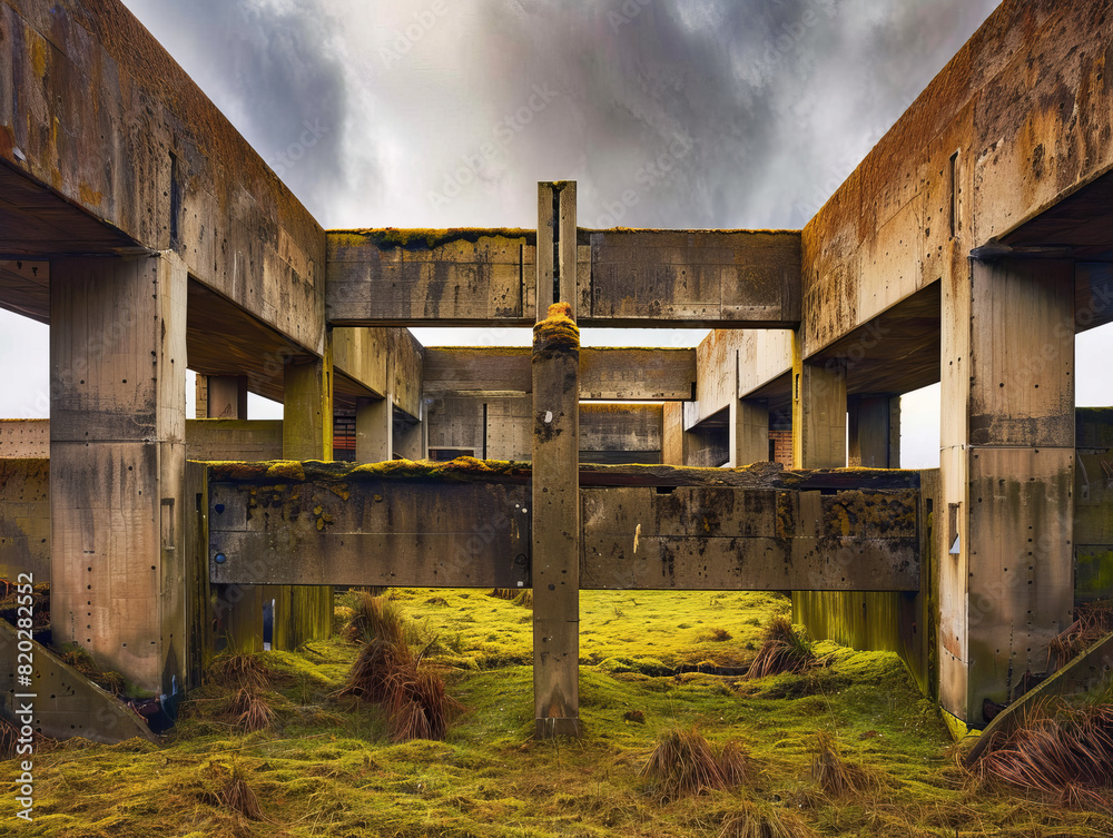 Moss-Covered Brutalist Structure with Overgrown Vegetation Stock Photo ...
