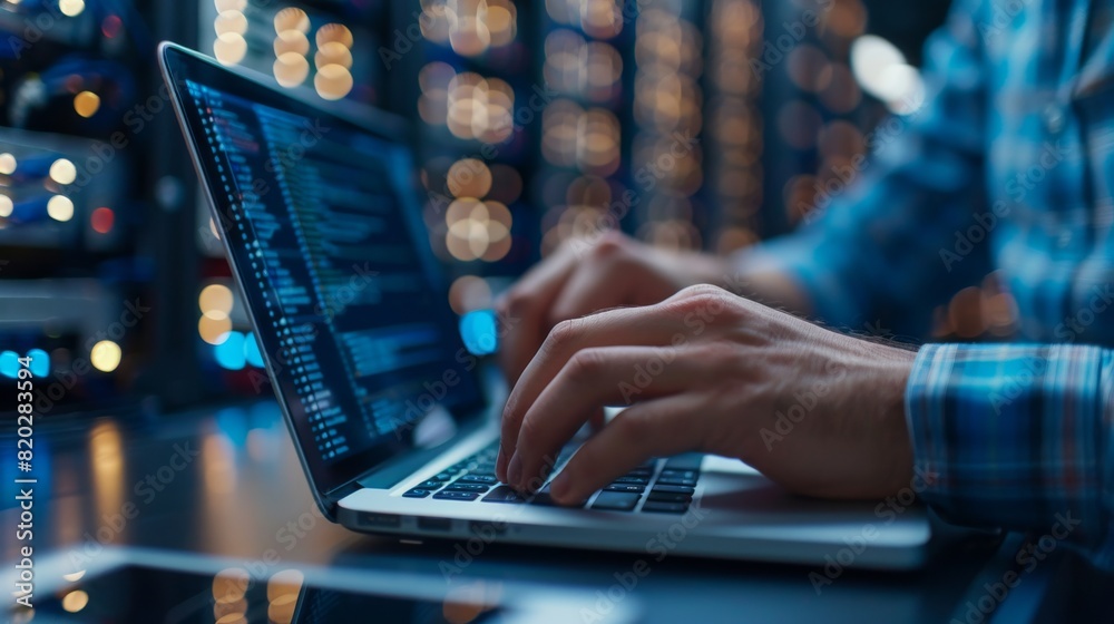 Telecommunication concept. Computer engineer working on laptop computer ...