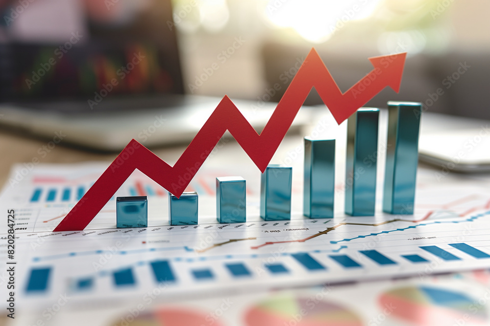 Business graphs with a red arrow pointing up reveal an increase in ...