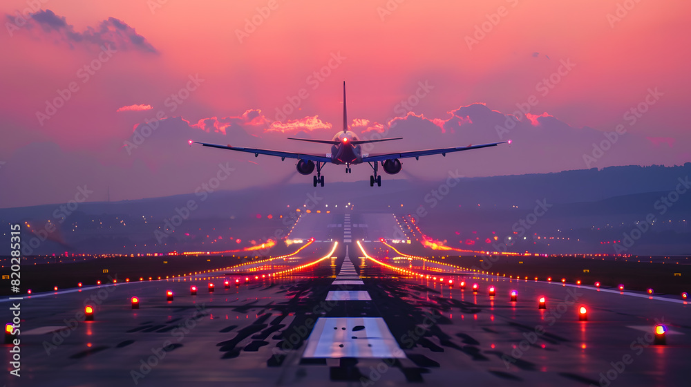 A plane is flying over a runway with many lights on the ground Stock ...