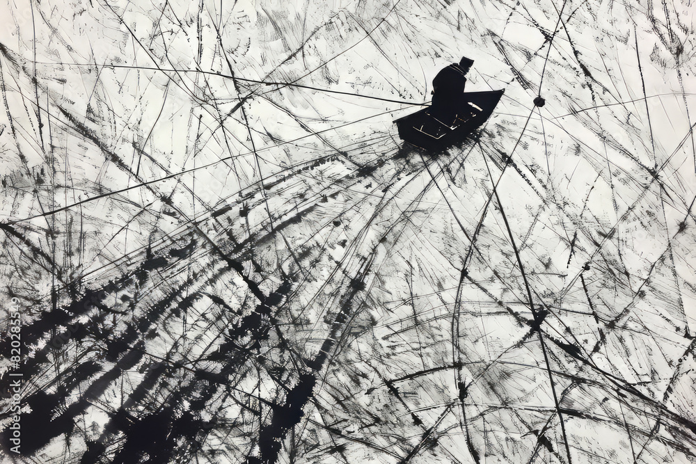 Abstract Black and White Drawing of a rowing Boat in Tangled Lines man ...