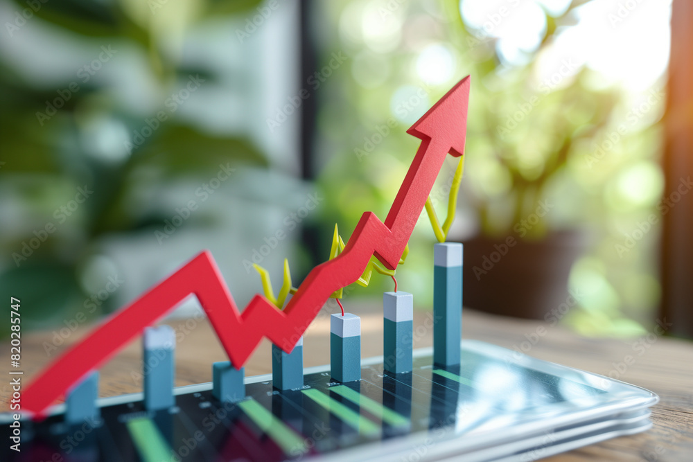 The upward red arrow on business graphs denotes higher sales revenue ...