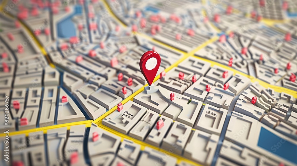 maps navigation, red pin location icon on building city street roads ...