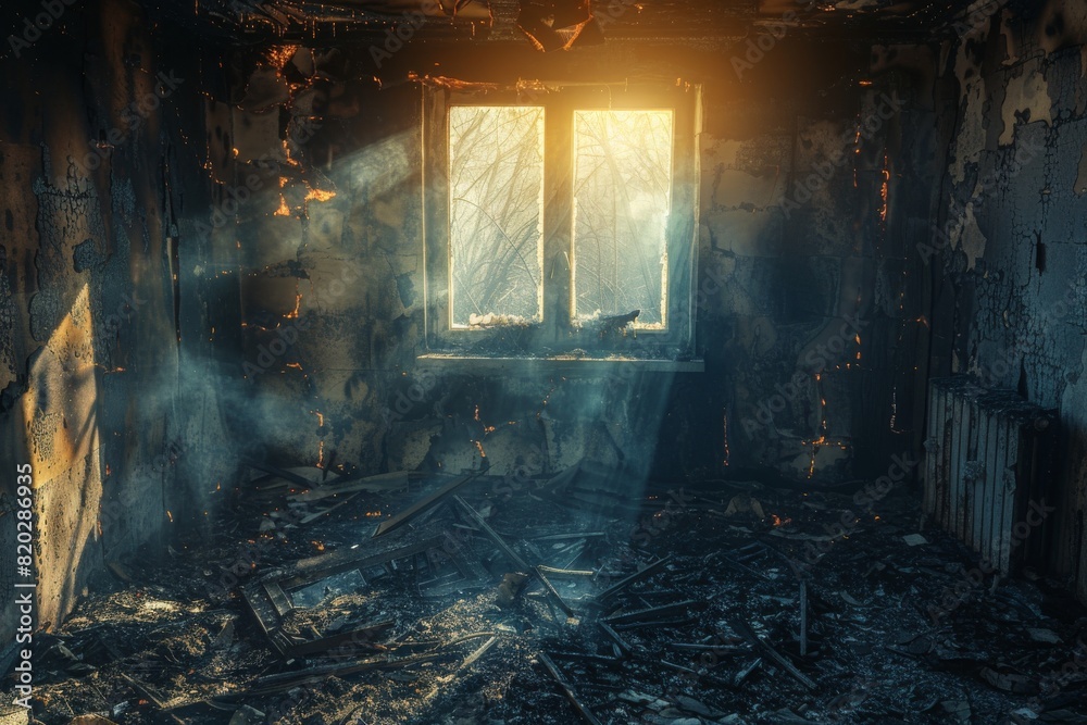 An empty room with charred walls and ceiling, indicative of a damaged ...