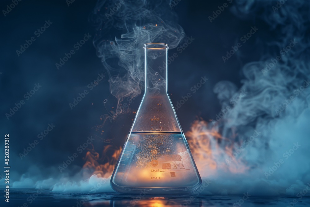 A glass Erlenmeyer flask and a transparent test tube, both emitting a ...