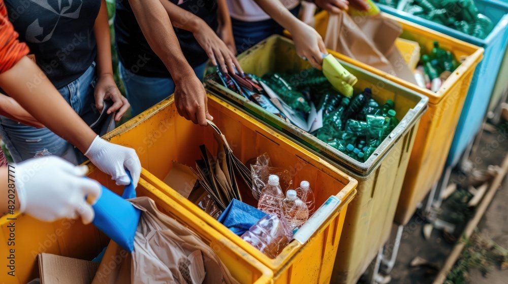 Community members organizing recyclable items in bins, showcasing the ...