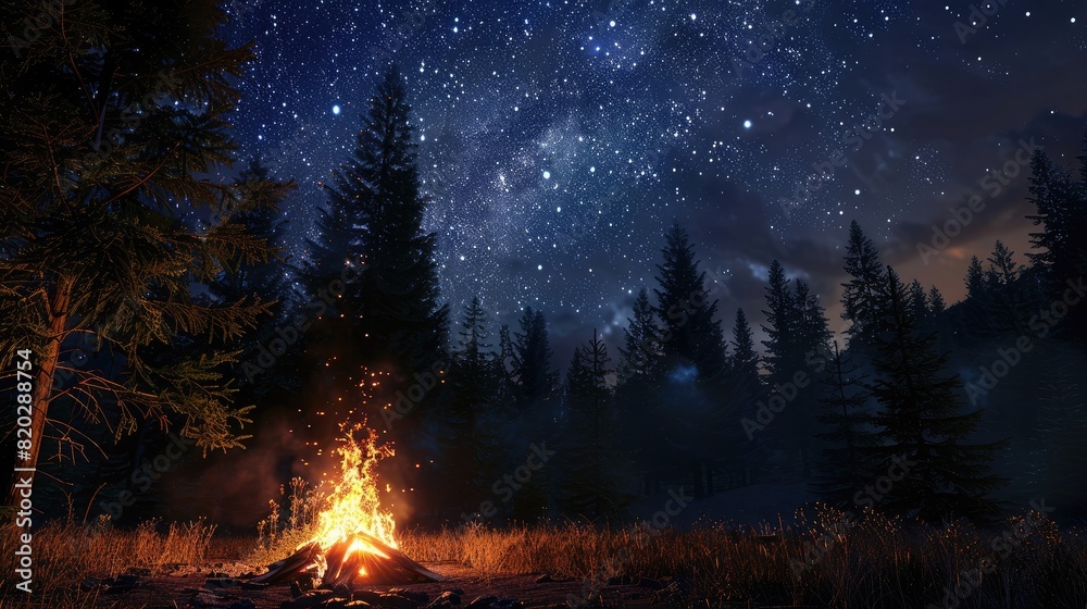 Night camping near bright fire in spruce forest under starry magical ...