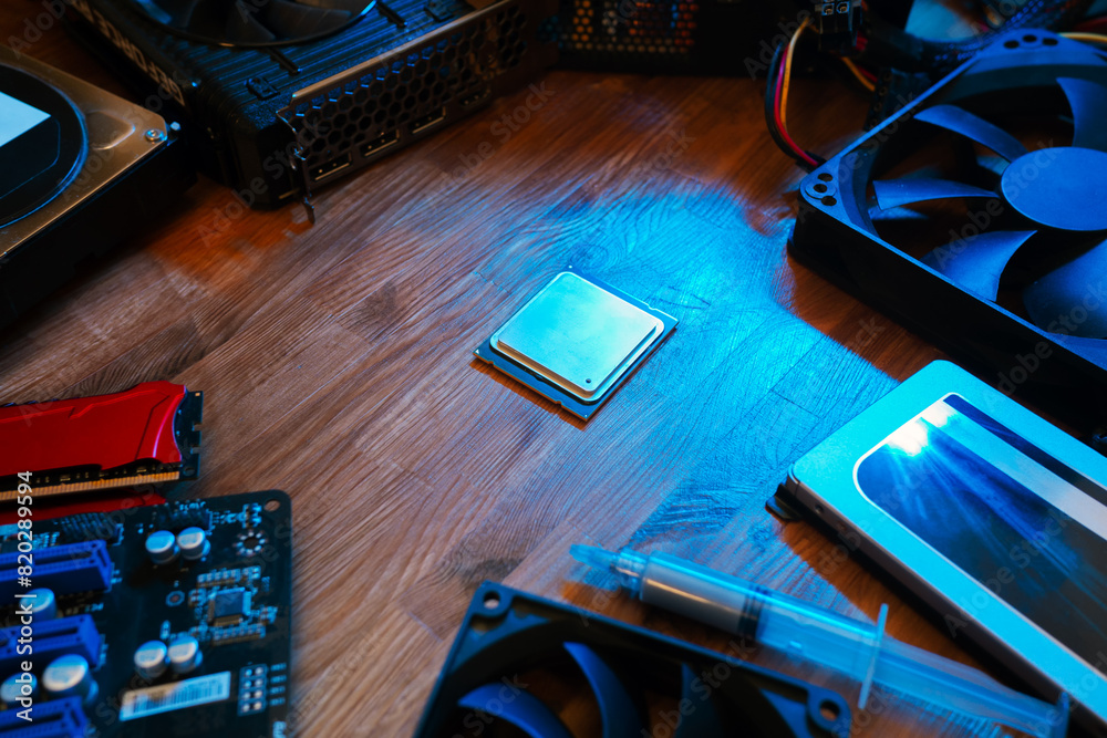 Top view of modern computer parts put together. Building personal ...