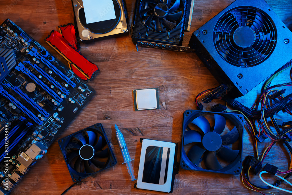 Top view of modern computer parts put together. Building personal ...