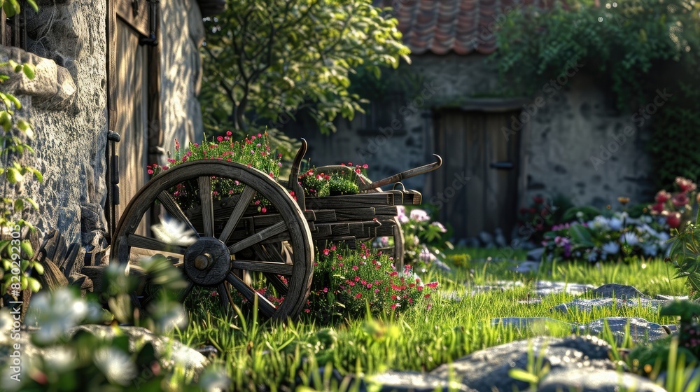 old village cart with flowers on the lawn in the back garden ...