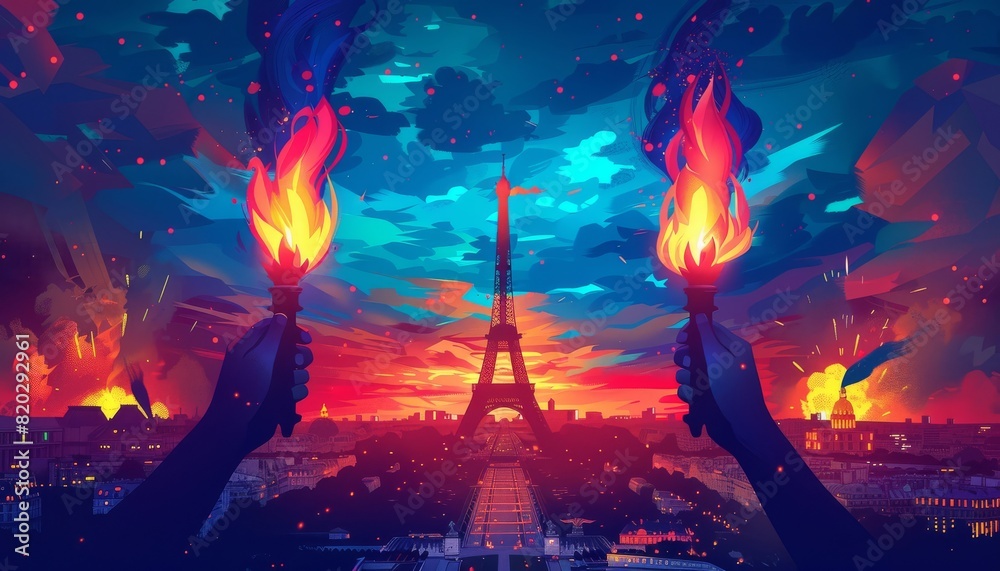 Dramatic illustration of two hands holding flaming torches with the ...