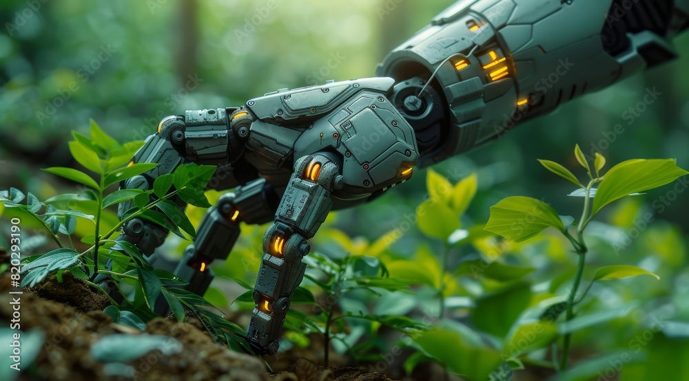 Futuristic robot arm gently planting a young tree in a lush forest ...